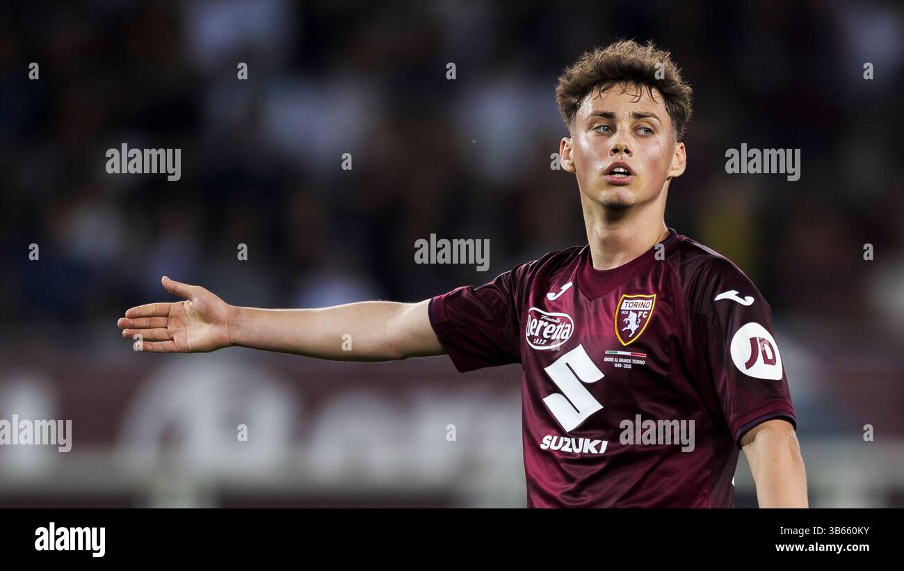 Turin, Italy. 2 May 2025. Sergiu Perciun of Torino FC gestures during ...