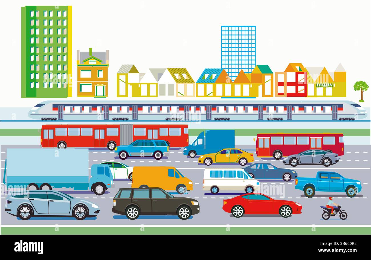 City overview with highway and rapid transit illustration Stock Photo ...