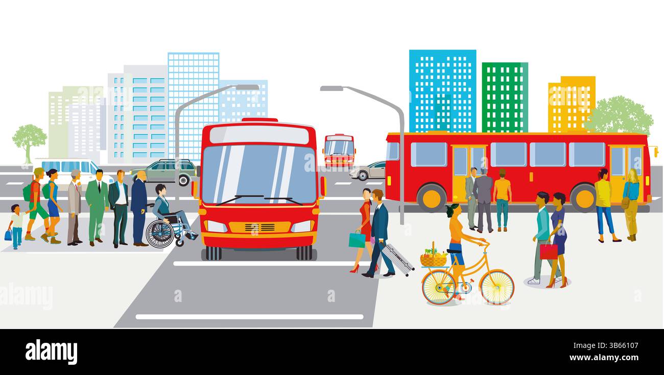 City passenger transport with city bus and passengers illustration ...
