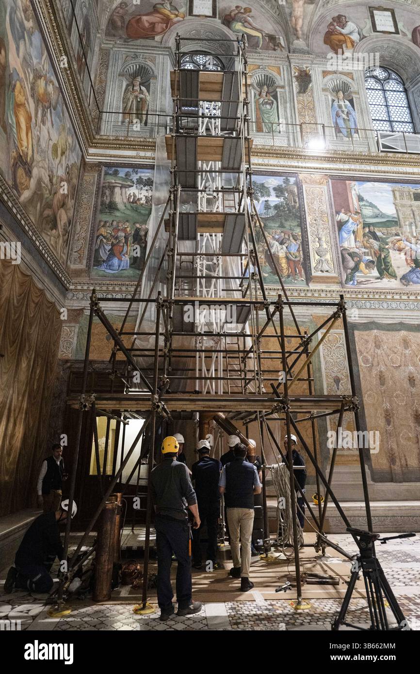 Installation of the stove in the Sistine chapel at the Vatican on May 2 ...