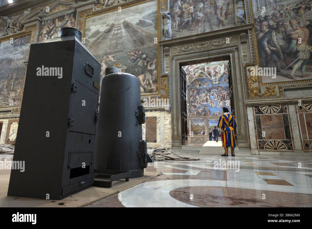 Installation of the stove in the Sistine chapel at the Vatican on May 2 ...