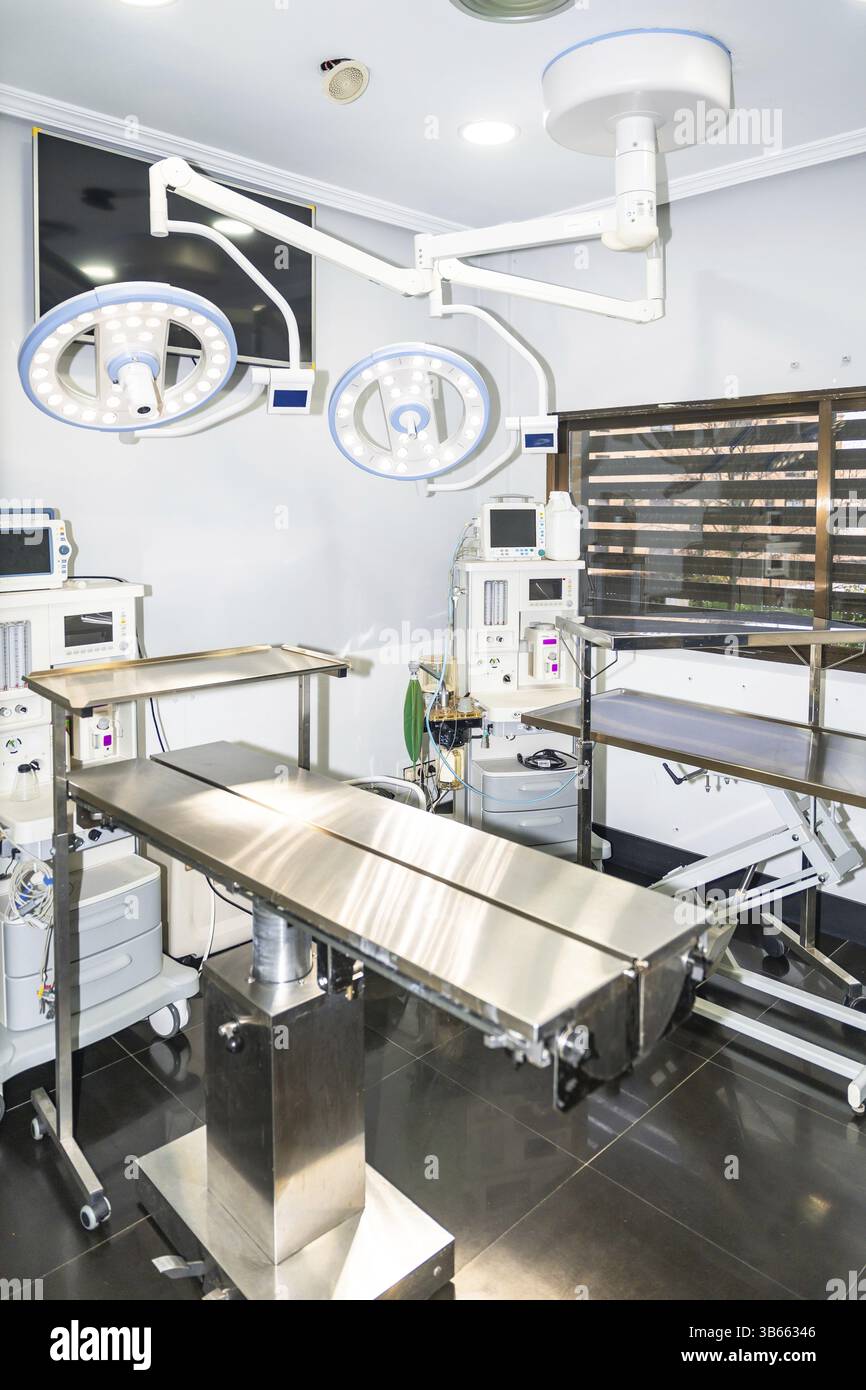 Empty veterinary operating room equipped with surgical lights ...