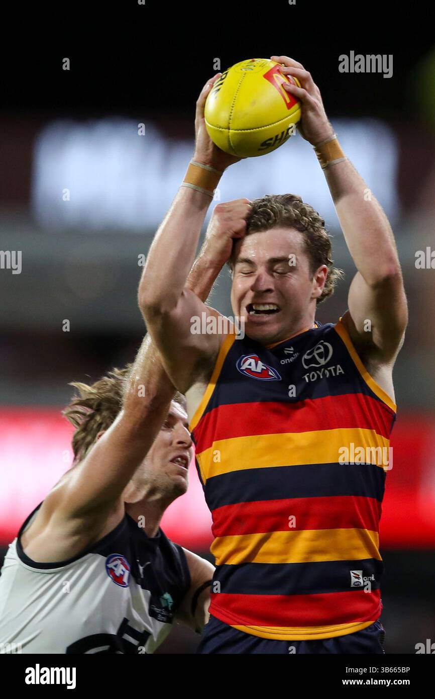 Adelaide, Australia. 03rd May, 2025. Zac Taylor of the Crows marks the ...