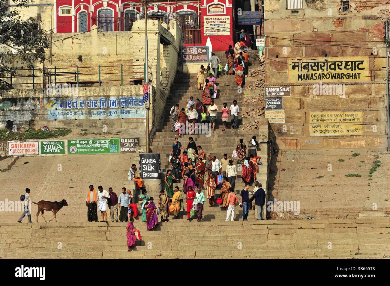 Varanasi, Uttar Pradesh, India, Asia, Group of people climbing the ...