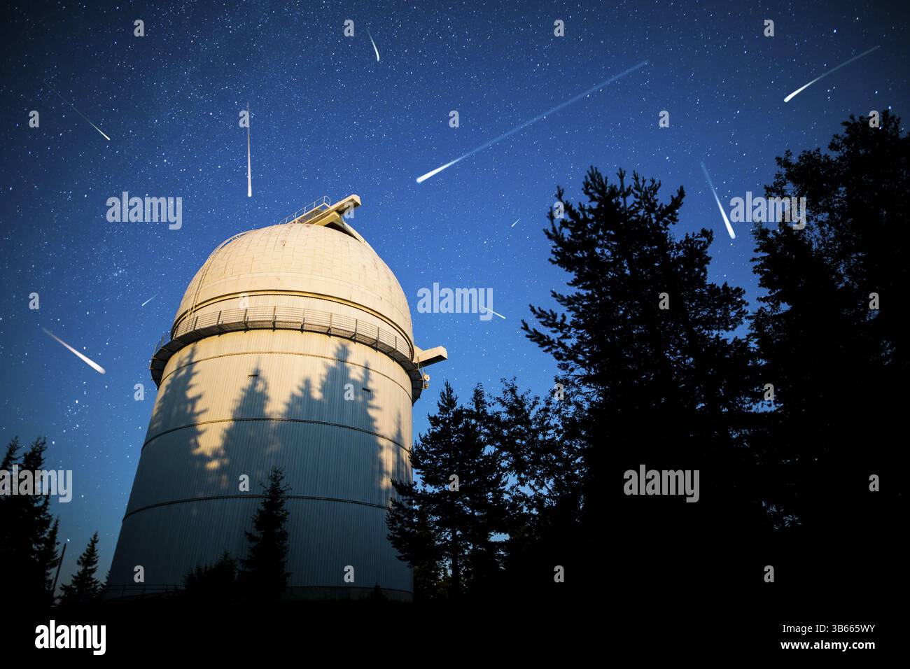 Rozhen astronomical observatory under the night sky stars. Blue sky ...