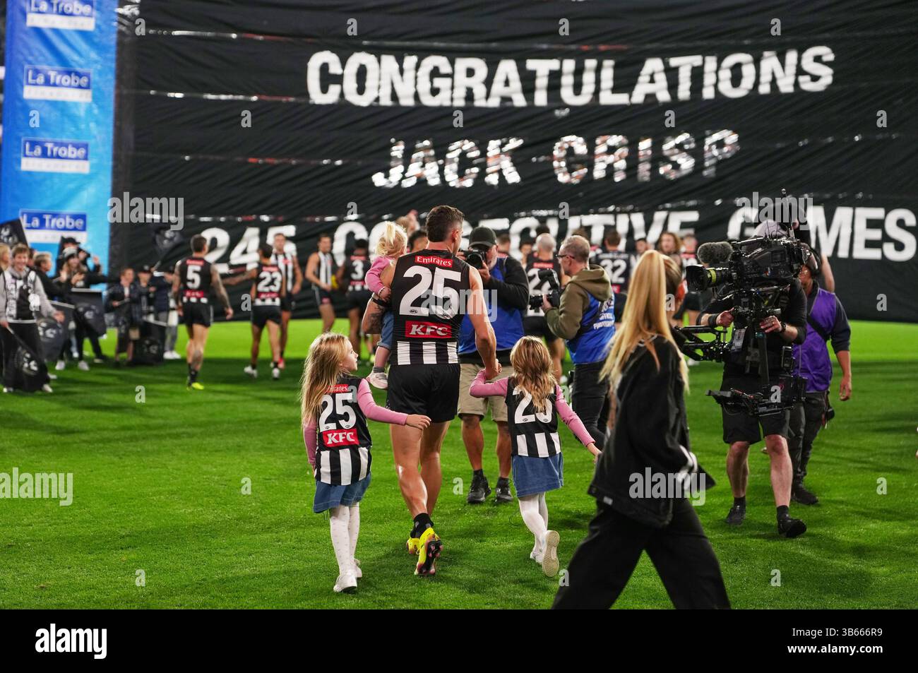 Melbourne, Australia. 03rd May, 2025. Jack Crisp of the Magpies runs ...