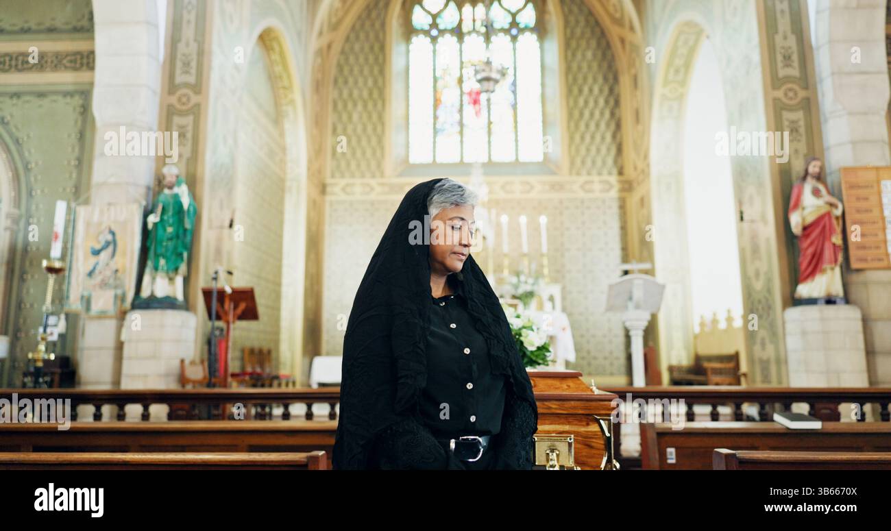 Funeral, sad or senior woman in church for farewell service, mourning ...