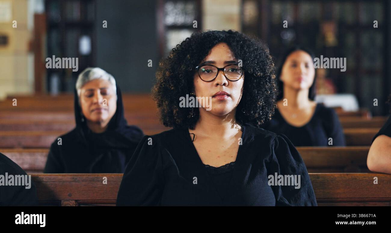 Funeral, sad and woman in church, mourning and praying for loss ...