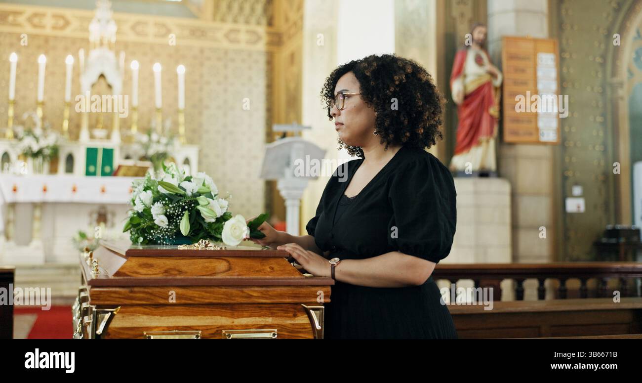 Thinking, woman and coffin at funeral for farewell, mourning death and ...