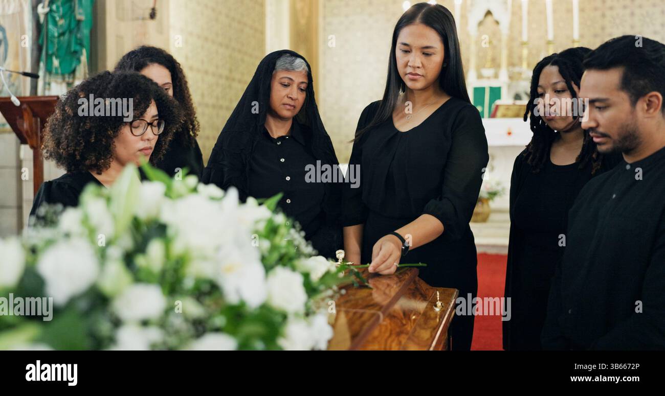 Funeral, people and family with coffin in church for farewell service ...