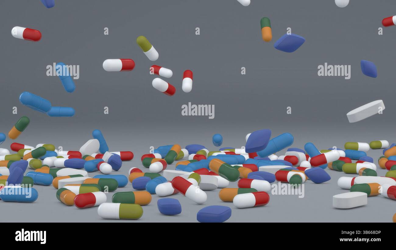Illustration of various falling pills and capsules Stock Photo - Alamy