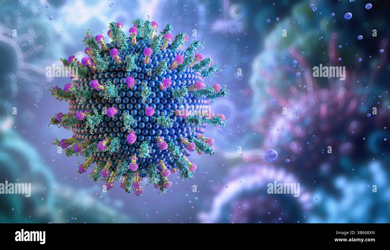 Hepatitis viruses, illustration. These viruses, including types A, B ...