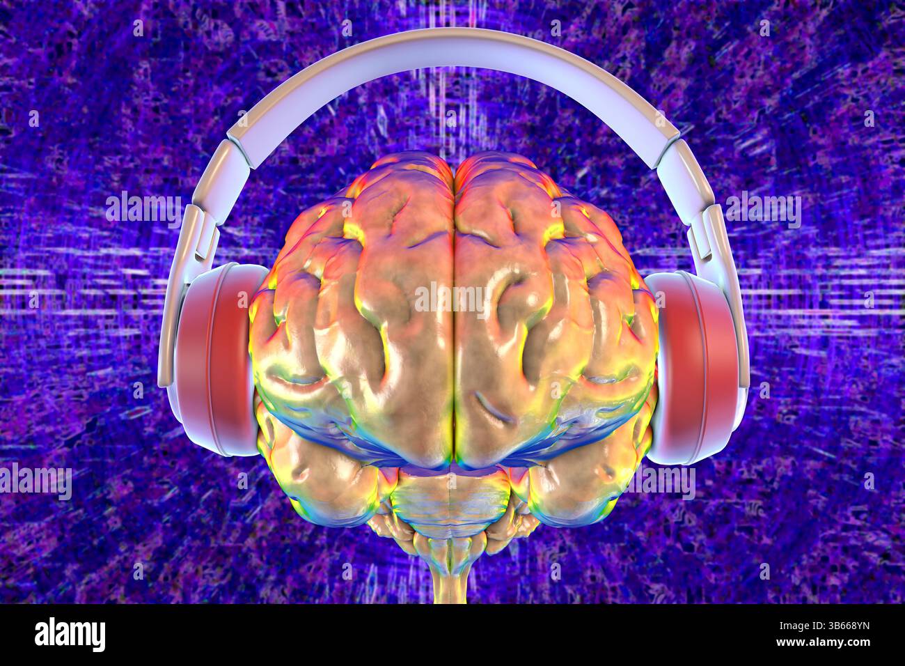 Illustration of a human brain wearing headphones, symbolising music ...