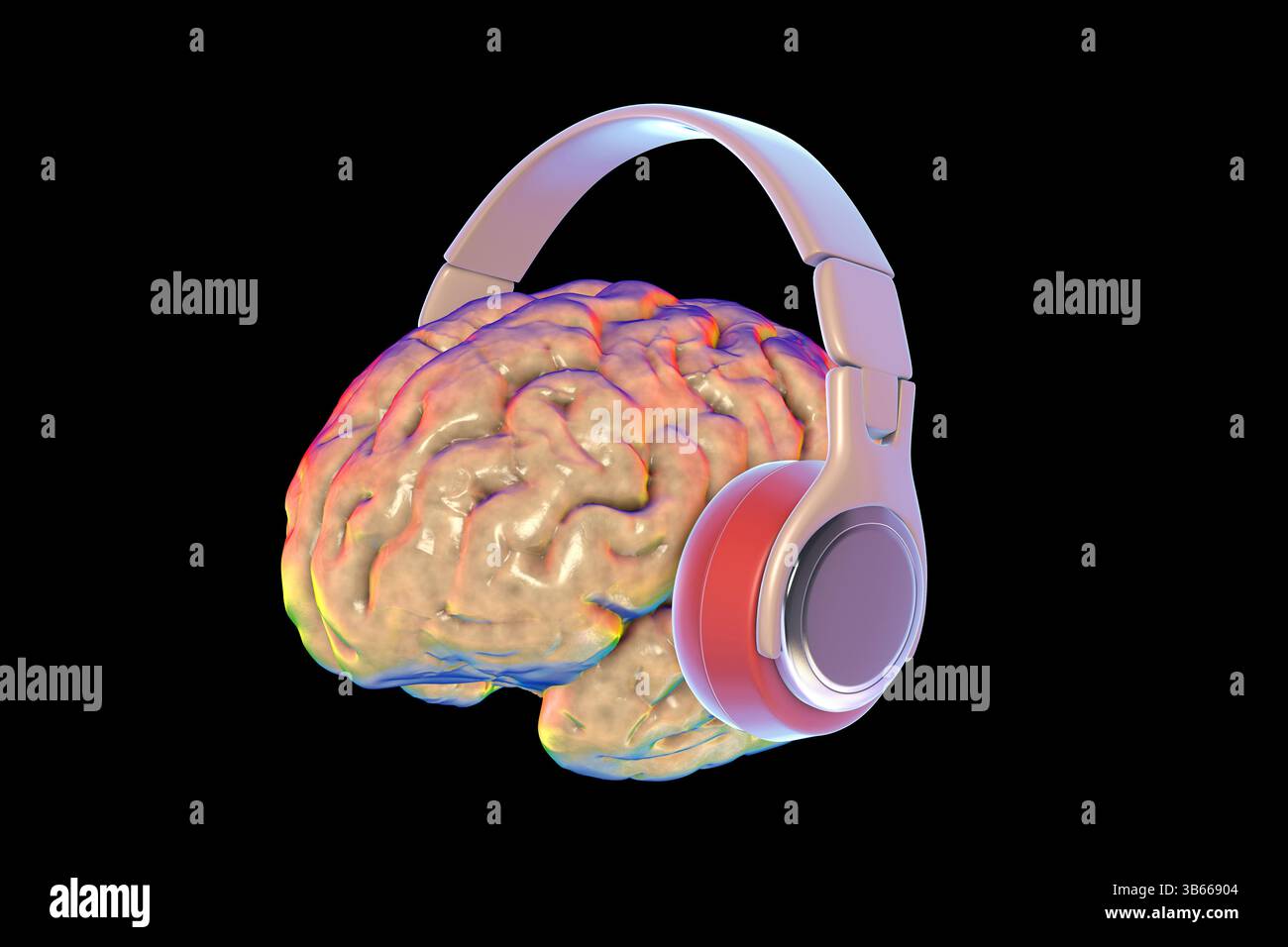 Illustration of a human brain wearing headphones, symbolising music ...