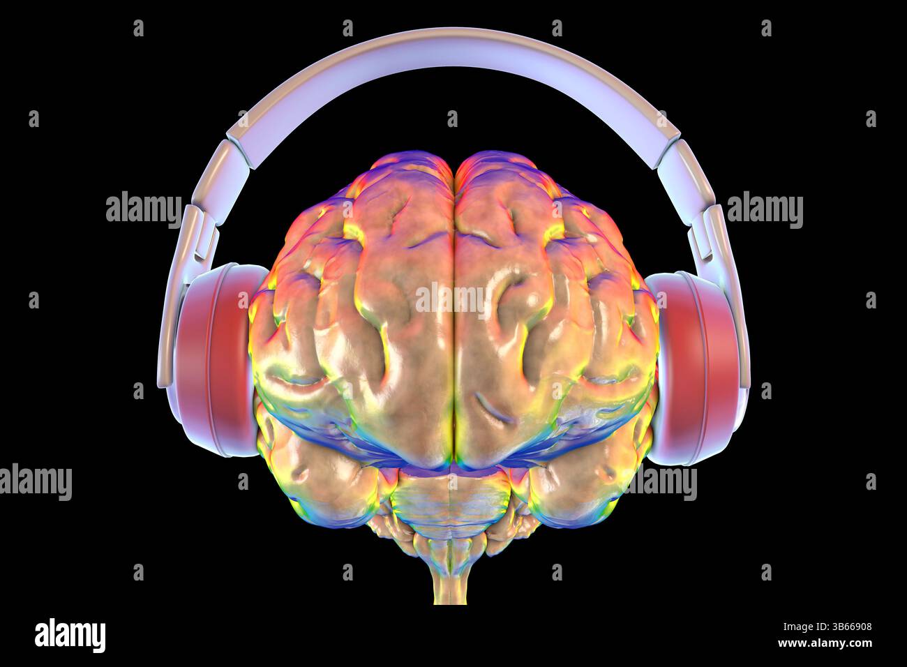 Illustration of a human brain wearing headphones, symbolising music ...
