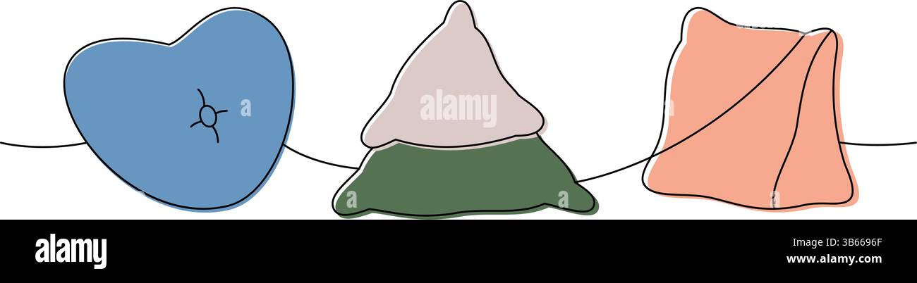 Comfortable pillows set one line colored continuous drawing. Soft ...