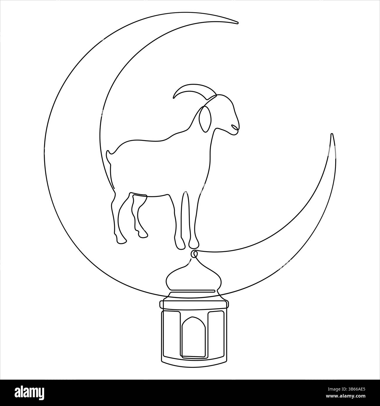 Continuous line drawing of Moon with goat and Lantern Islamic new year ...