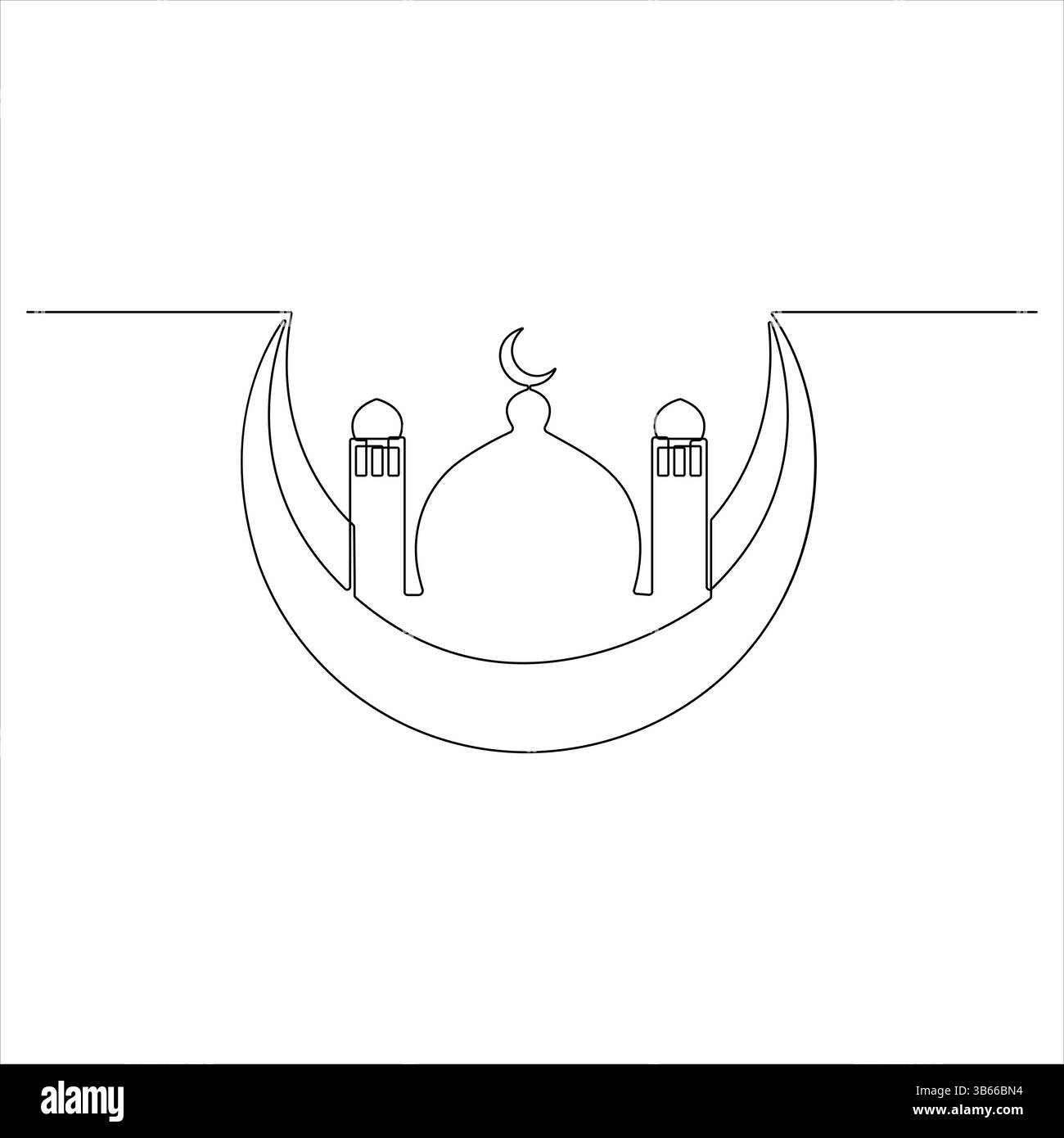 Continuous line drawing of Moon with Mosque and Lantern Islamic new ...