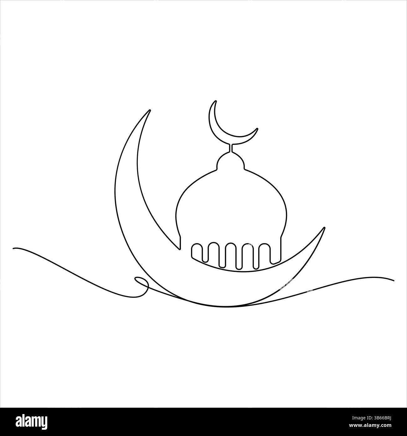 Continuous line drawing of Moon with Mosque and Lantern Islamic new ...