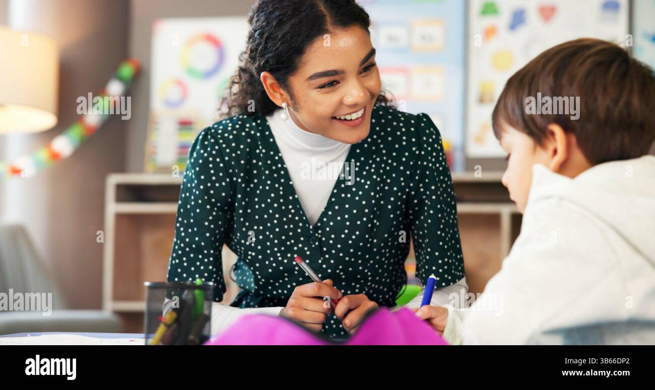 Smile, woman and teacher with child drawing for learning support, art ...