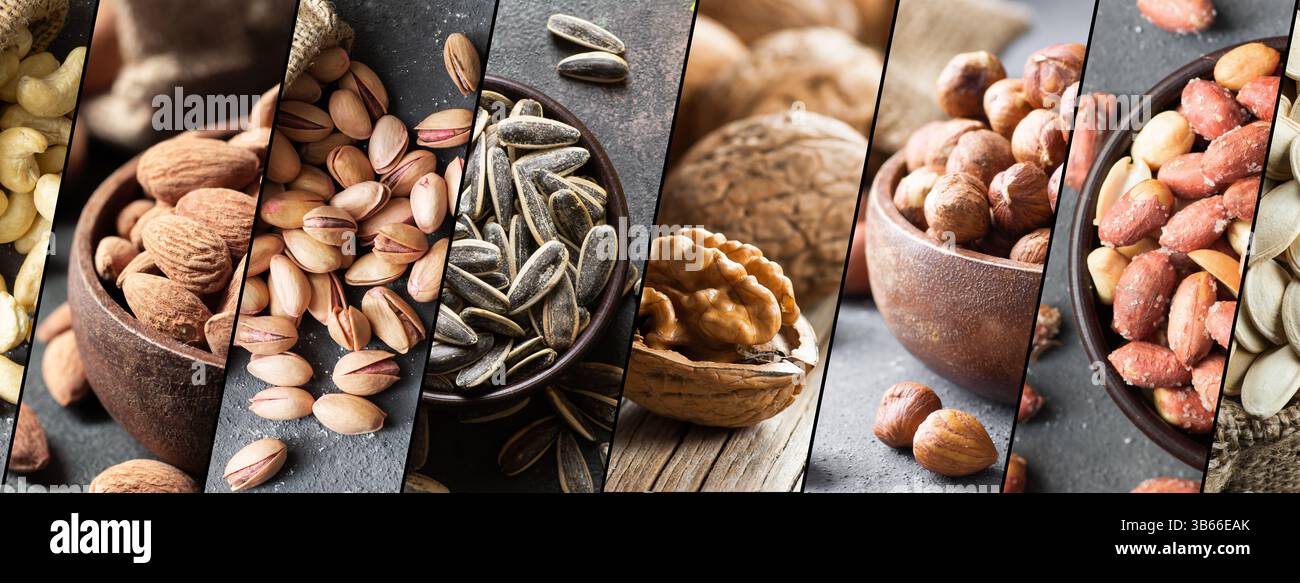 Mixed nuts concept, collage various nuts, hazelnut, walnut, cashew ...