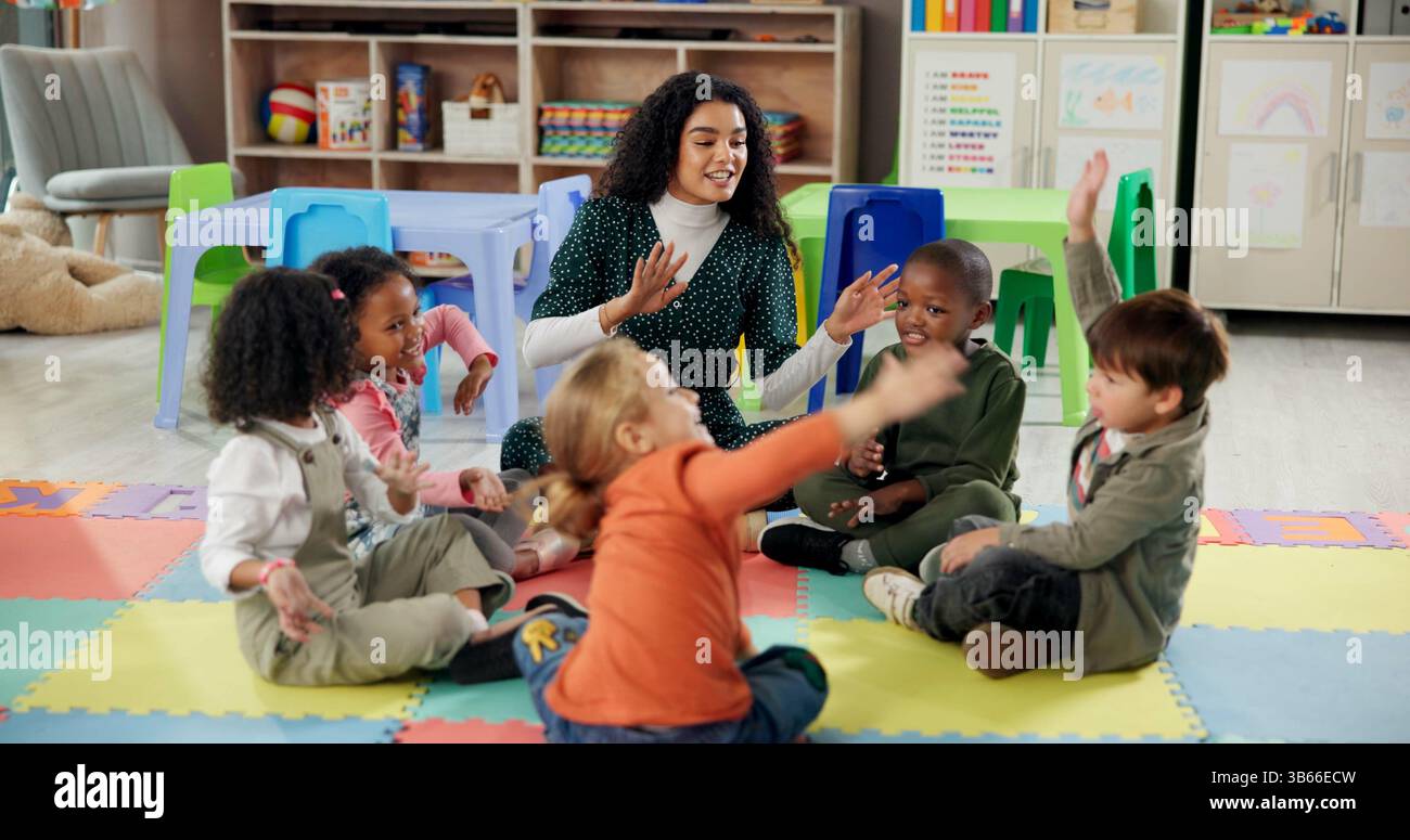 Singing, students and teacher with children in classroom for education ...