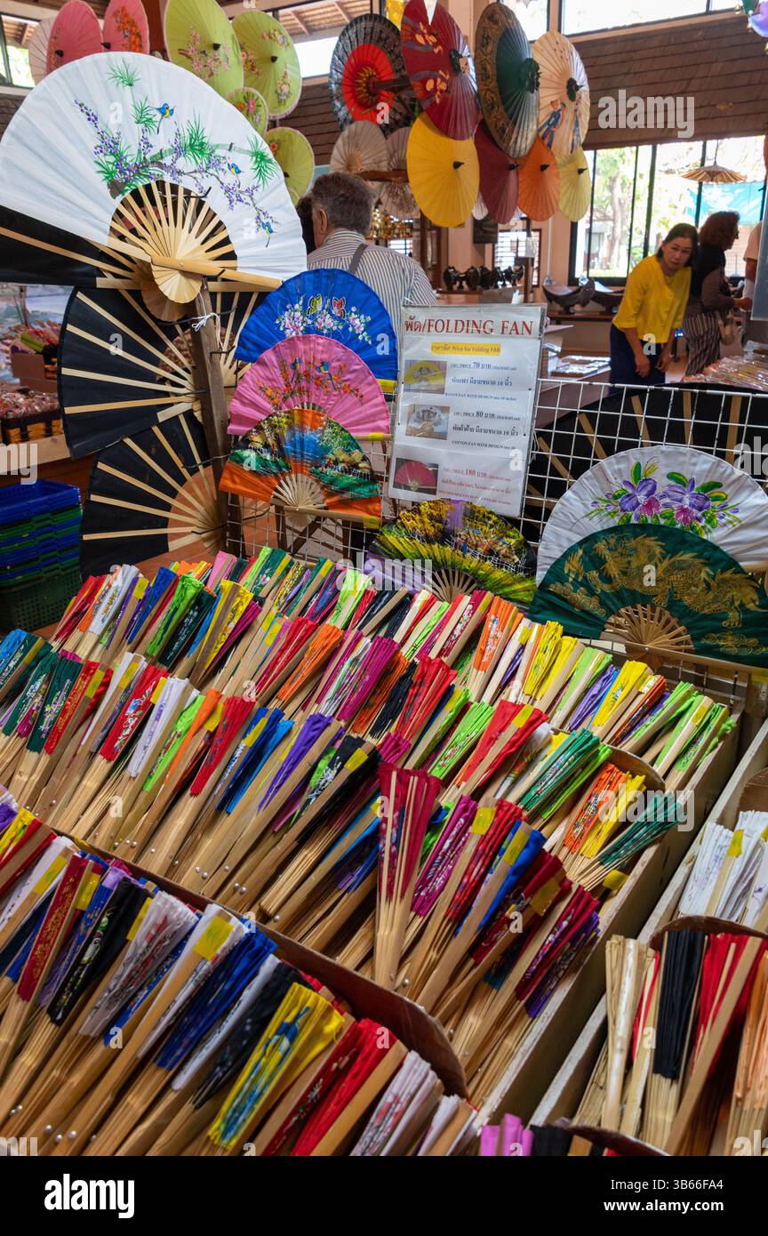 Large and small hand fans on sale at the Bo Sang Umbrella village in ...