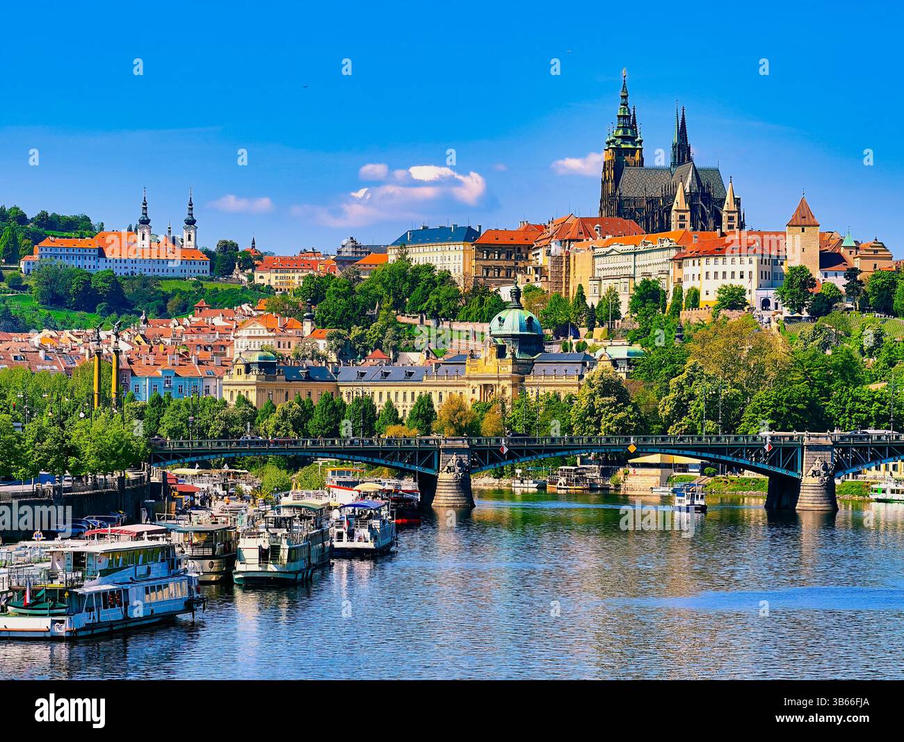 Scenic View of Prague Castle with Boats on Vltava River. Captivating ...