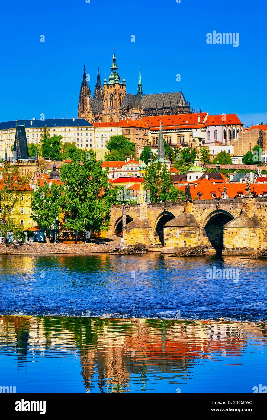Prague Castle and Charles Bridge Reflected in Vltava River. Iconic ...