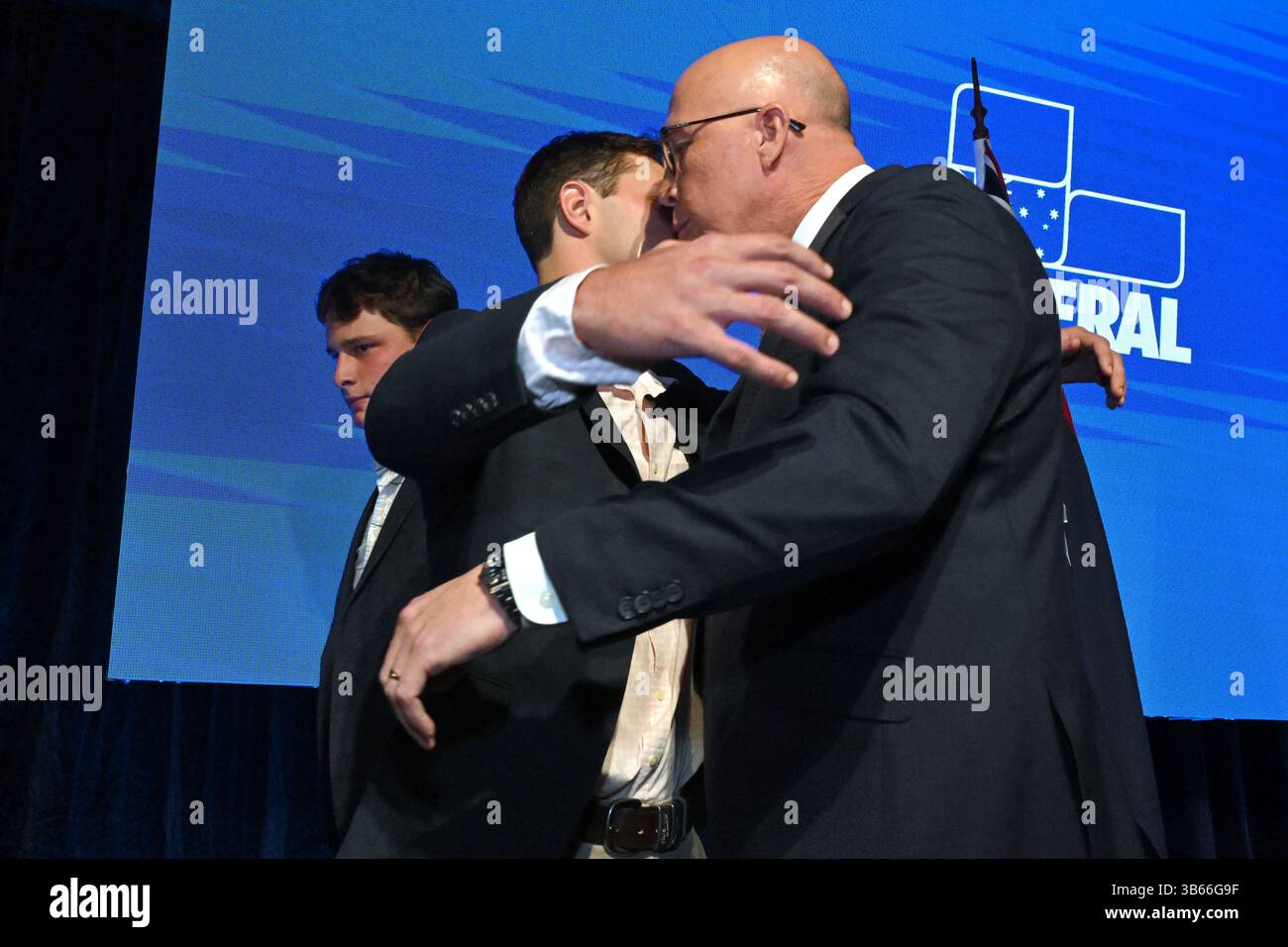 Leader of the Opposition Peter Dutton hugs his son Harry at the function centre for the 2025 ...