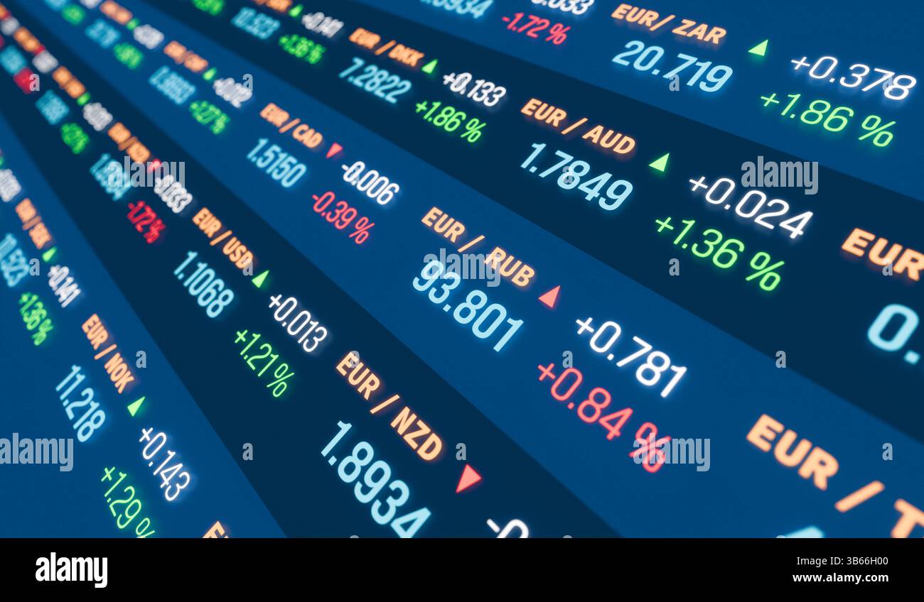Currency exchange rates, ticker board, Euro, US dollar, Japanese Yen ...