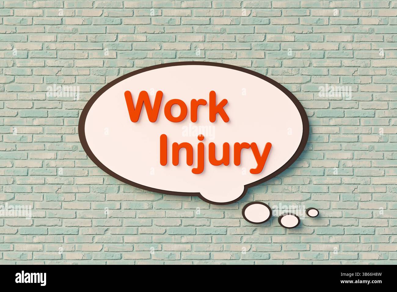 Work injury Work injury. Speech bubble, orange letters against the brickwall. Work accident ...