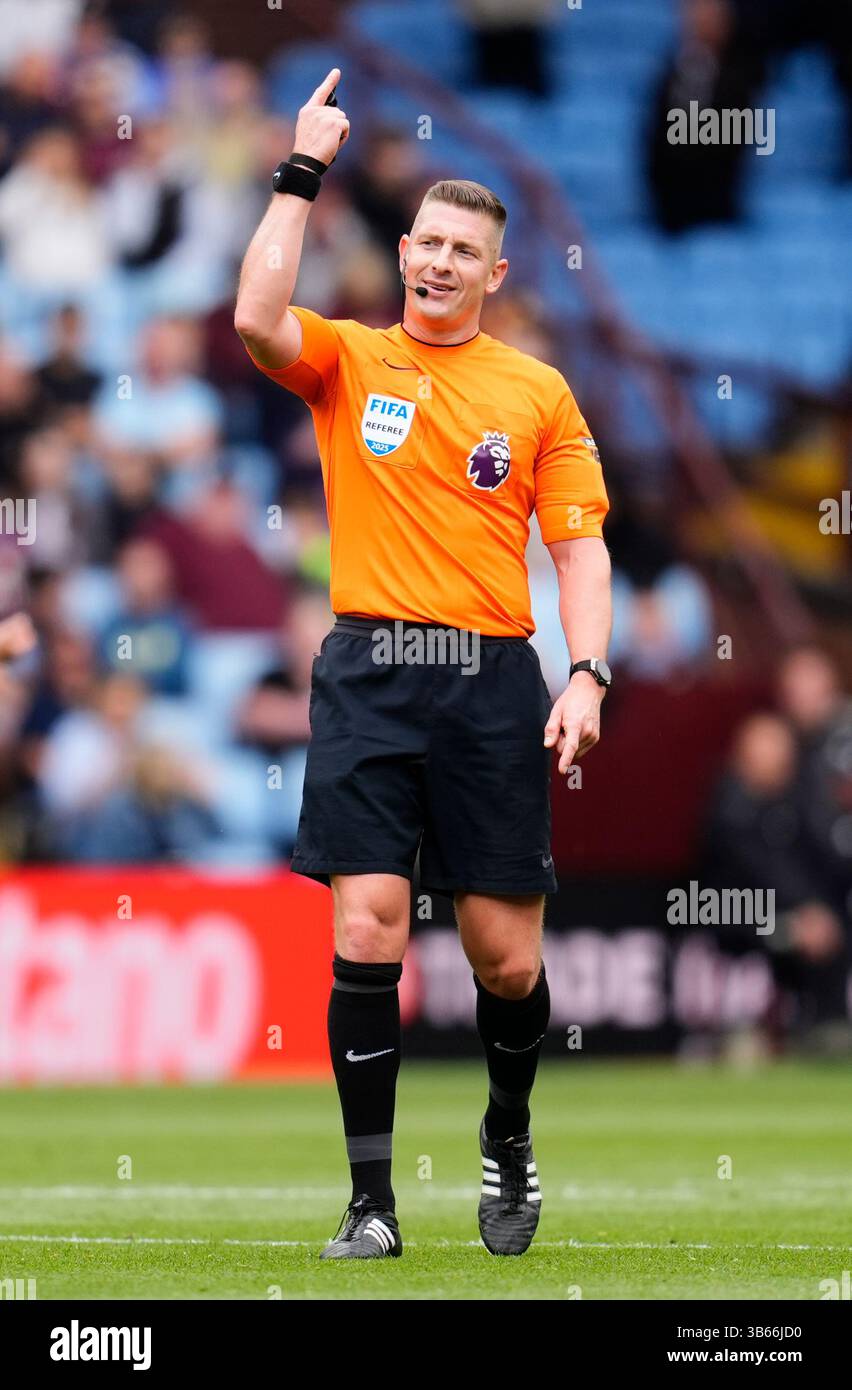 Referee Robert Jones during the Premier League match at Villa Park ...