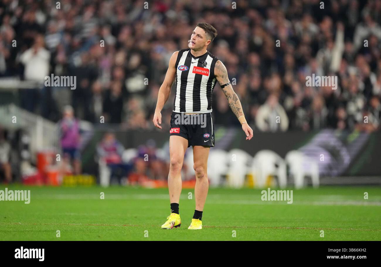 Melbourne, Australia. 03rd May, 2025. Jack Crisp of the Magpies reacts ...