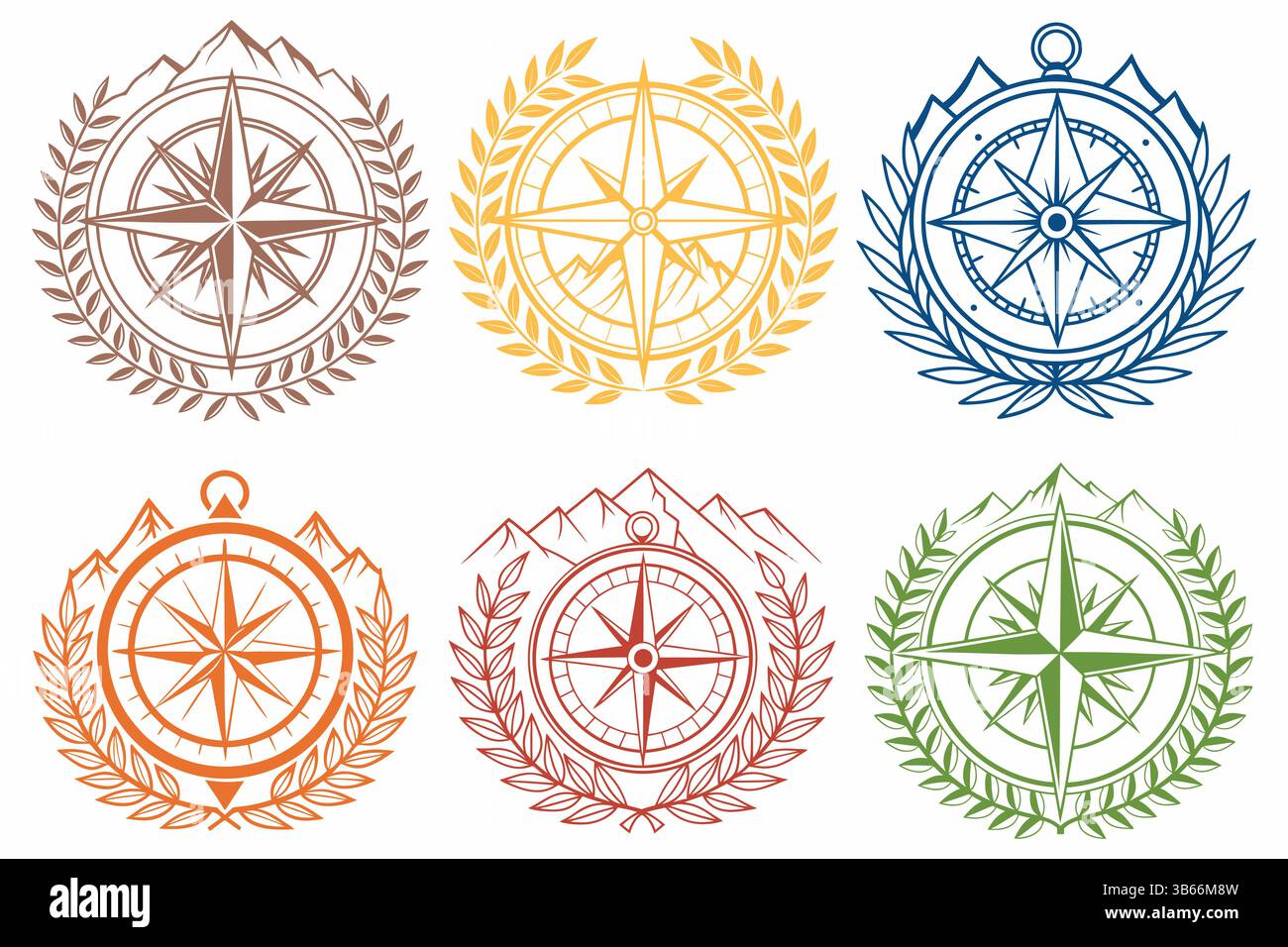 Vintage Compass Design Set with Mountain and Laurel Wreath Stock Vector ...