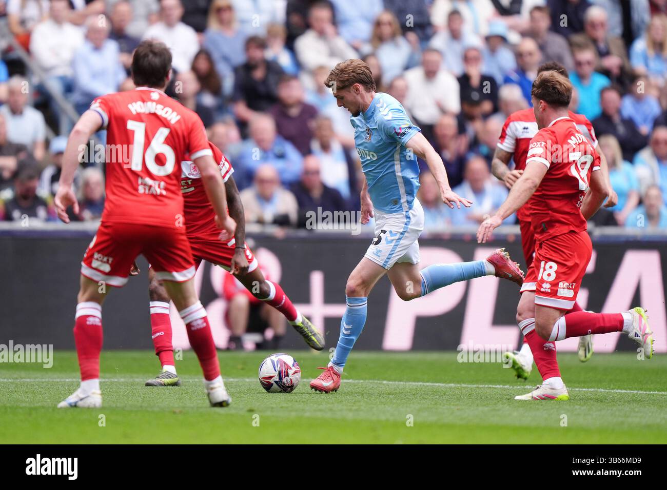 Coventry City's Jack Rudoni (centre) in action during the Sky Bet ...
