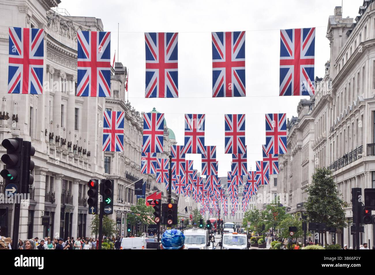 London, UK. 3rd May 2025. Union Jacks decorate Regent Street ahead of ...