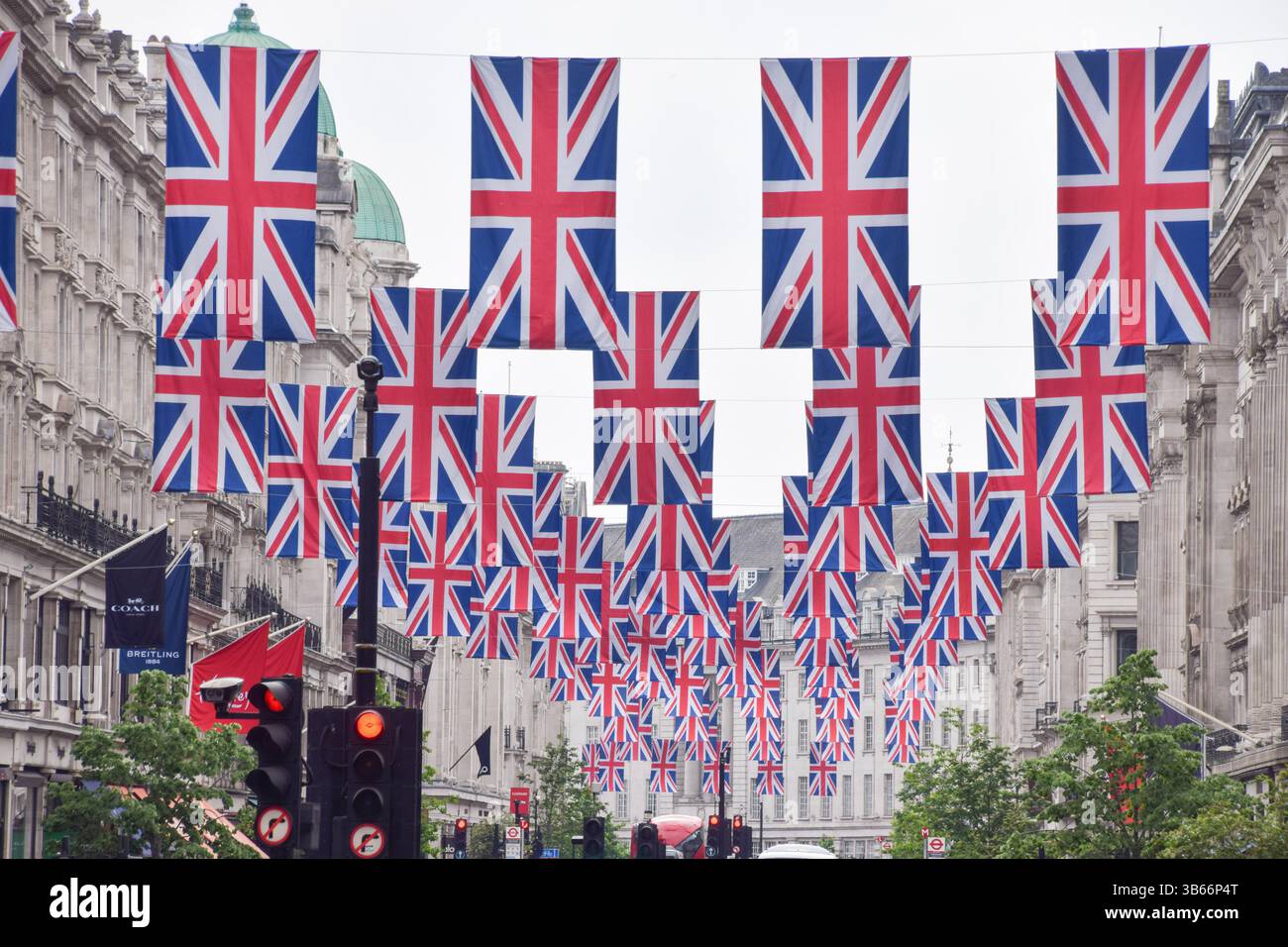 London, UK. 3rd May 2025. Union Jacks decorate Regent Street ahead of ...