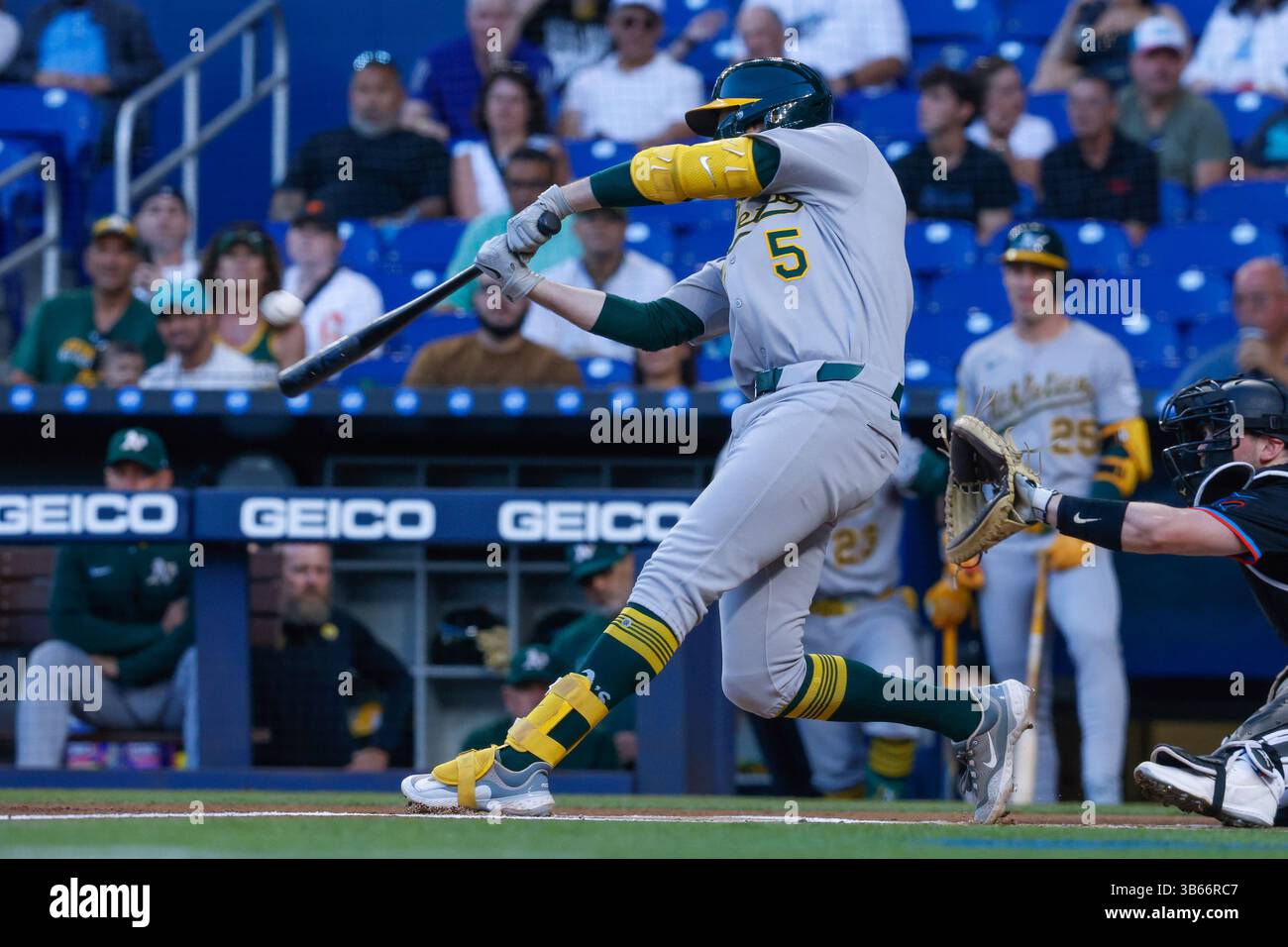 MIAMI, FL - MAY 02: Jacob Wilson #5 of the Oakland Athletics at bat ...