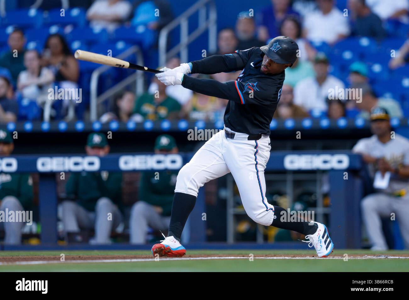 MIAMI, FL - MAY 02: Xavier Edwards #9 of the Miami Marlins at bat ...
