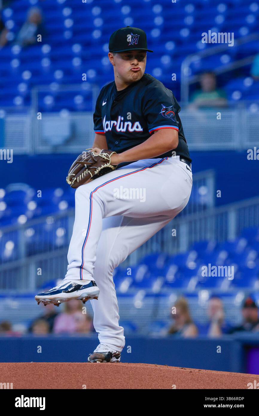 MIAMI, FL - MAY 02: Valente Bellozo #83 of the Miami Marlins pitches ...