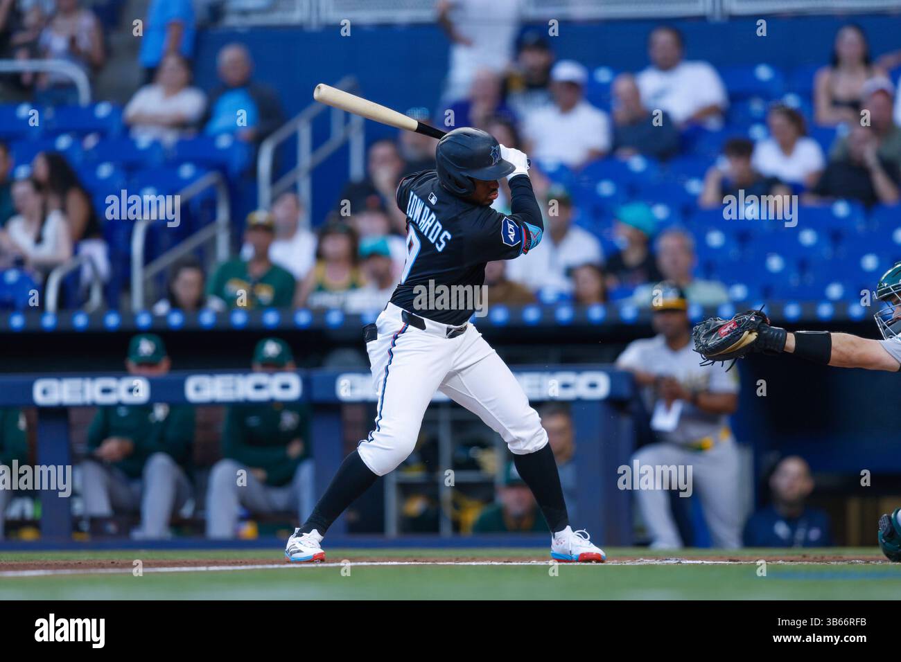 MIAMI, FL - MAY 02: Xavier Edwards #9 of the Miami Marlins at bat ...