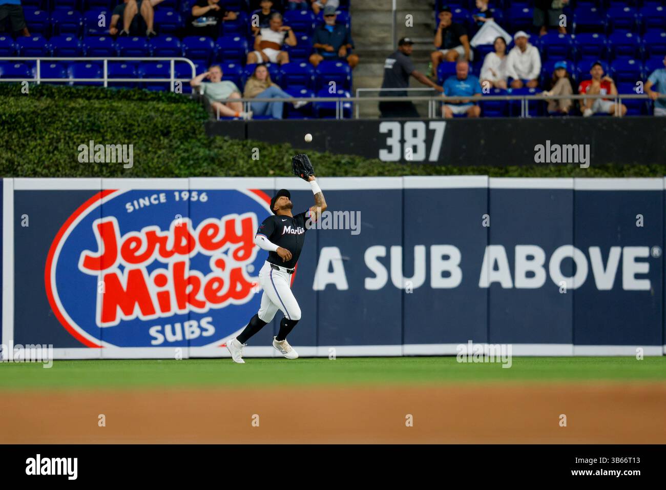 MIAMI, FL - MAY 02: Dane Myers #54 of the Miami Marlins catches the ...