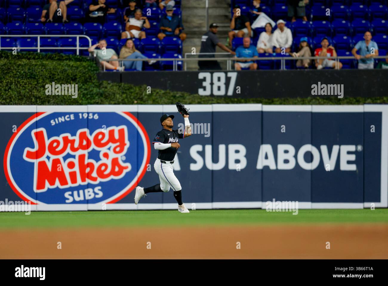 MIAMI, FL - MAY 02: Dane Myers #54 of the Miami Marlins catches the ...