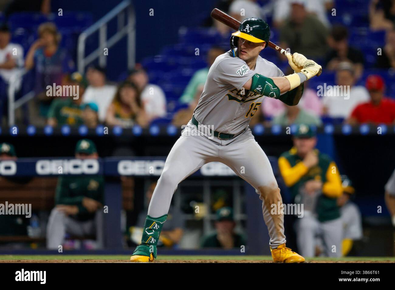 MIAMI, FL - MAY 02: Seth Brown #15 of the Oakland Athletics at bat ...