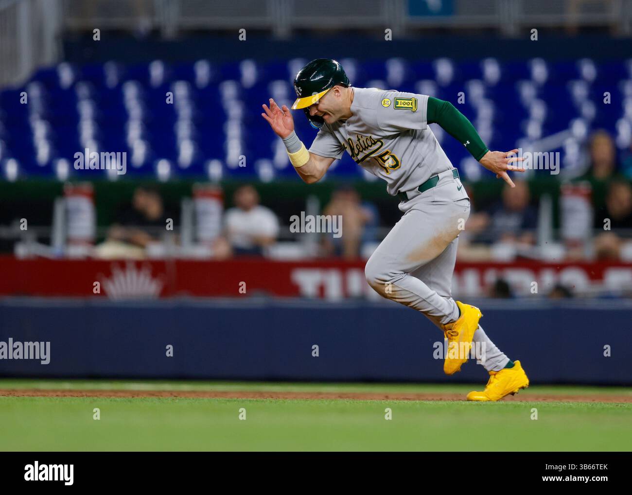 MIAMI, FL - MAY 02: Seth Brown #15 of the Oakland Athletics runs to ...