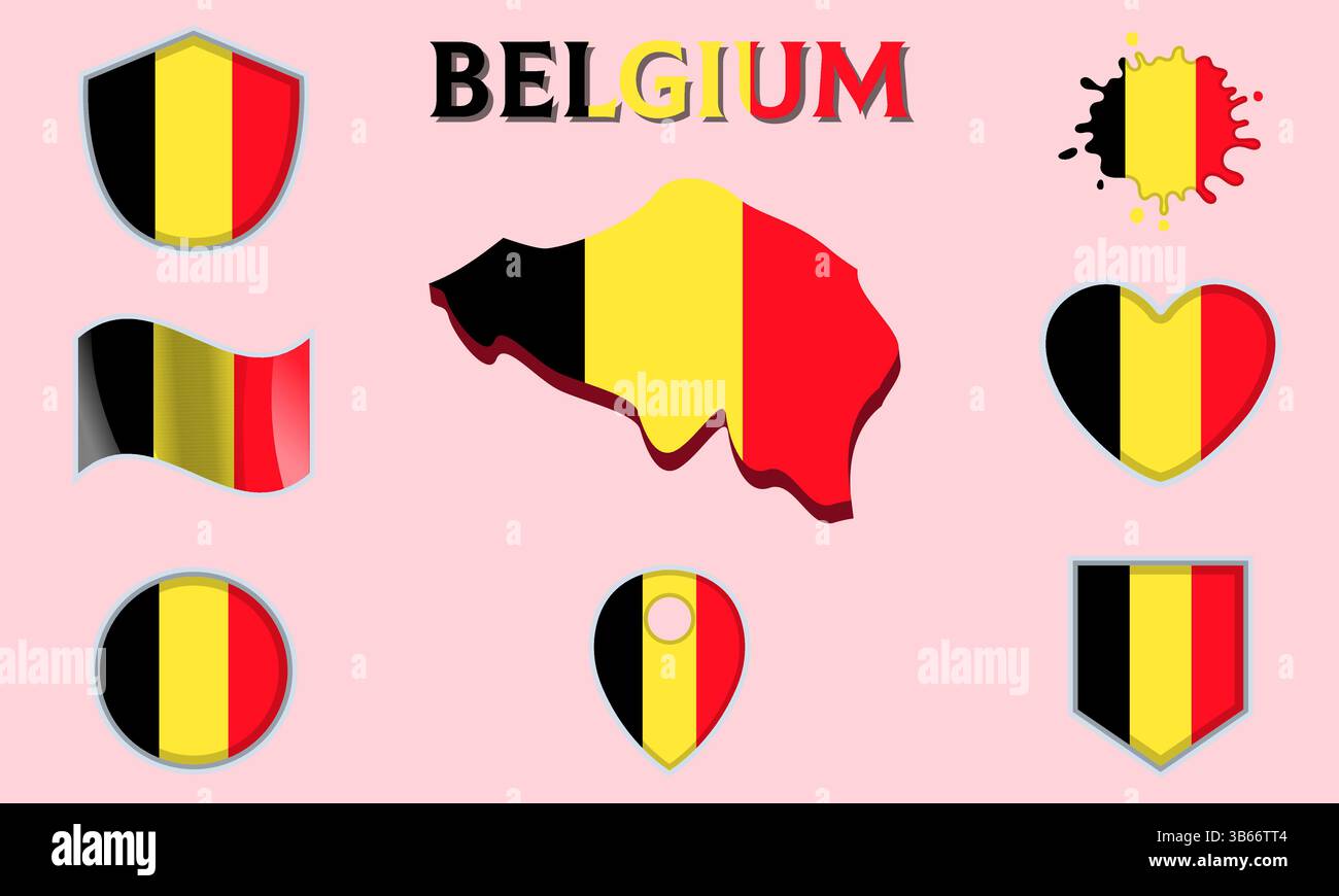 Collection of flags and coats of arms of Belgium in flat style with map ...