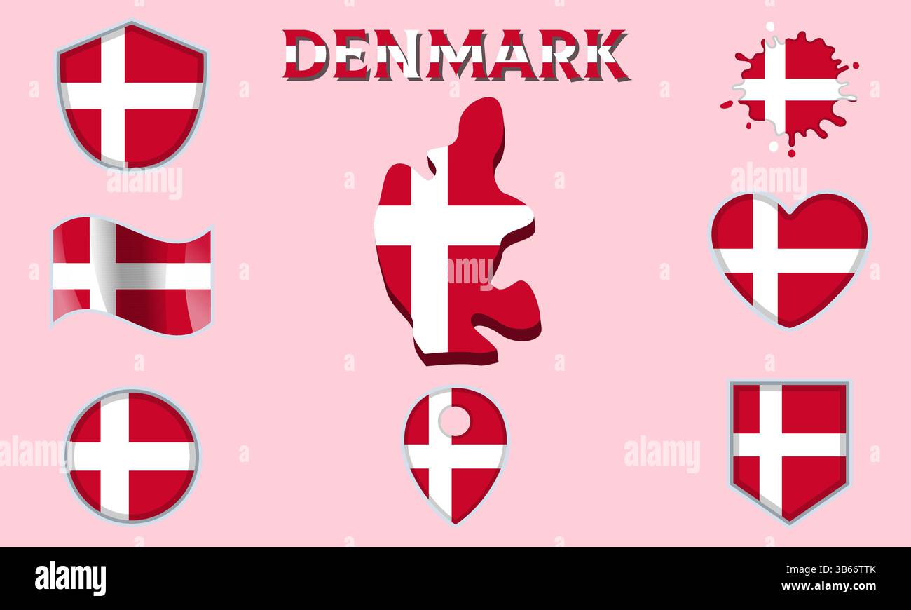 Collection of flags and coats of arms of Denmark in flat style with map ...
