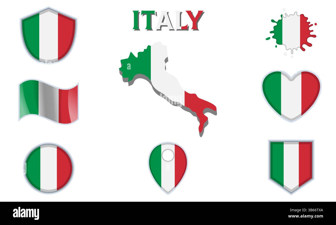 Collection of flags and coats of arms of Italy in flat style with map ...