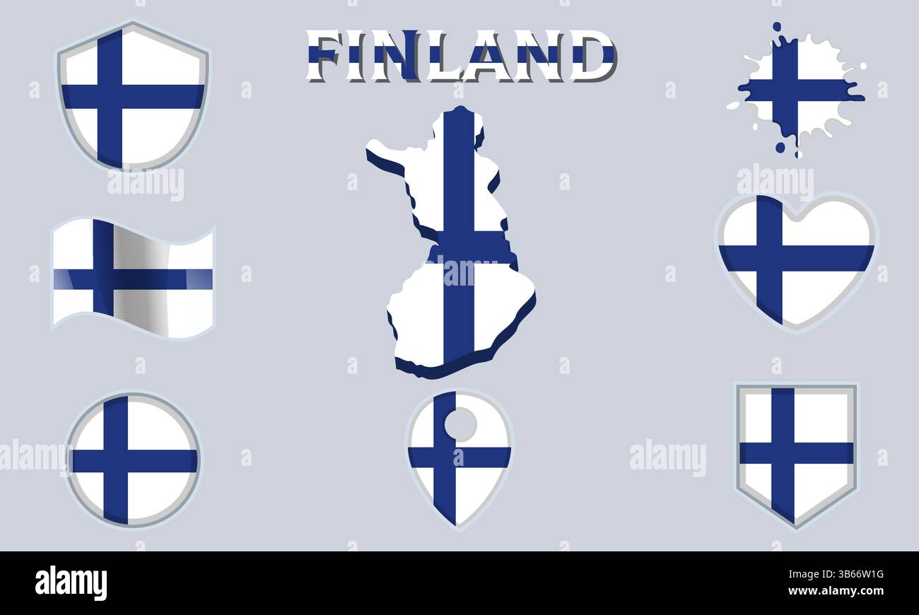 Collection of flags and coats of arms of Finland in flat style with map ...